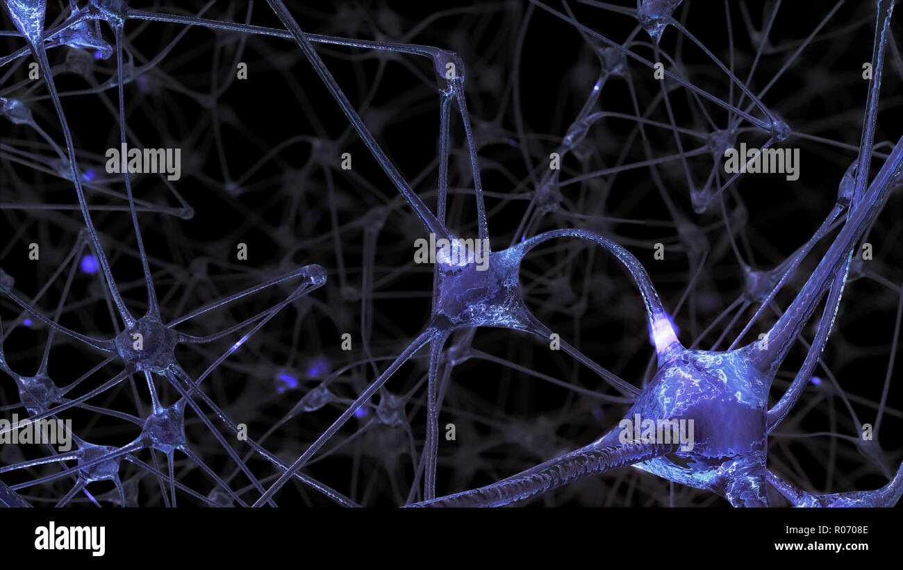 3D rendering of a network of neuron cells and synapses through which electrical impulses and ...