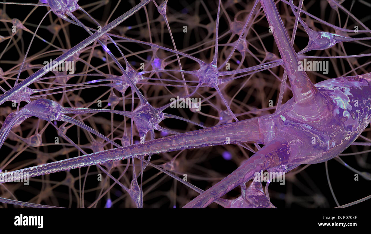 3D rendering of a network of neuron cells and synapses through which ...