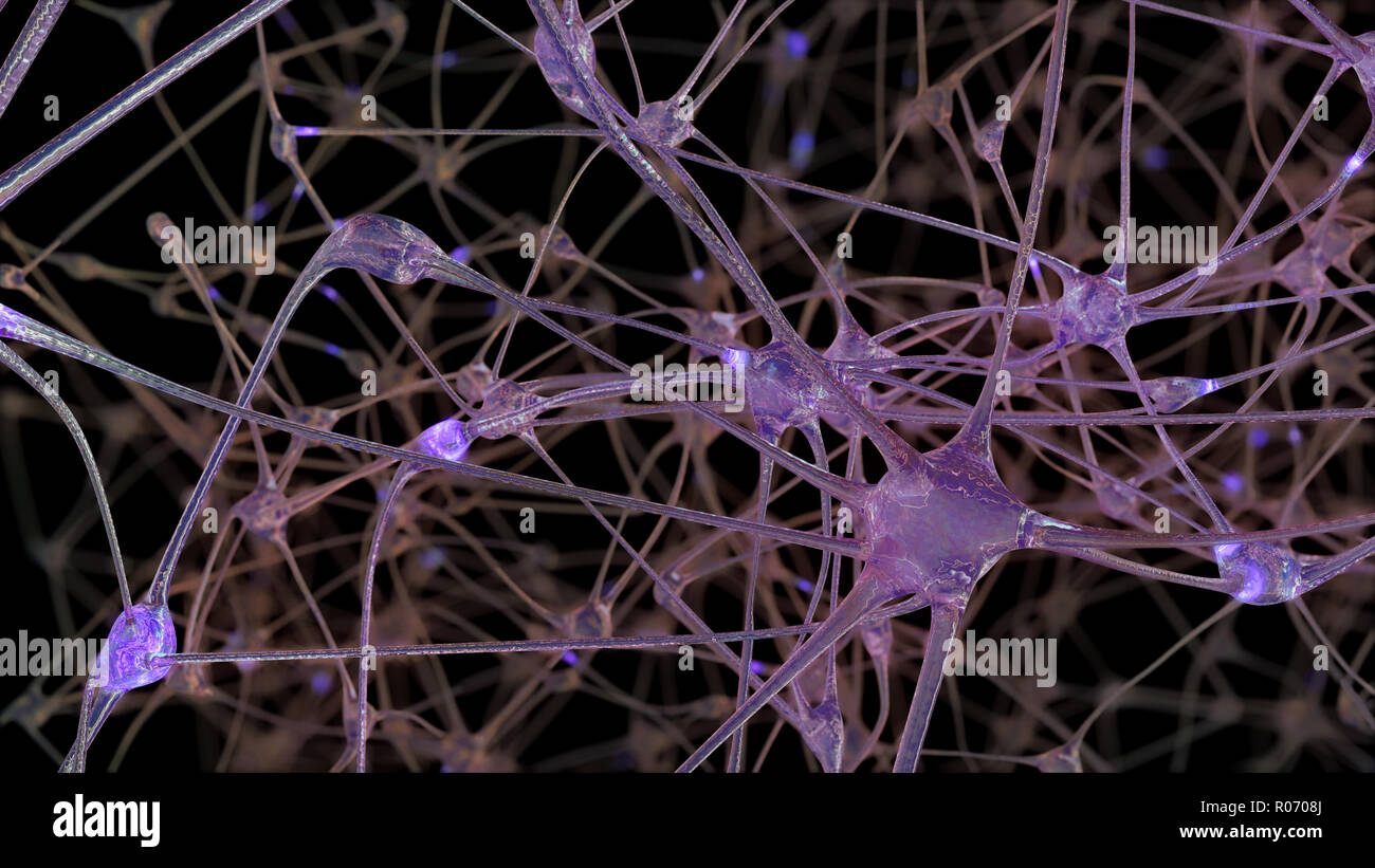 3D rendering of a network of neuron cells and synapses through which electrical impulses and ...