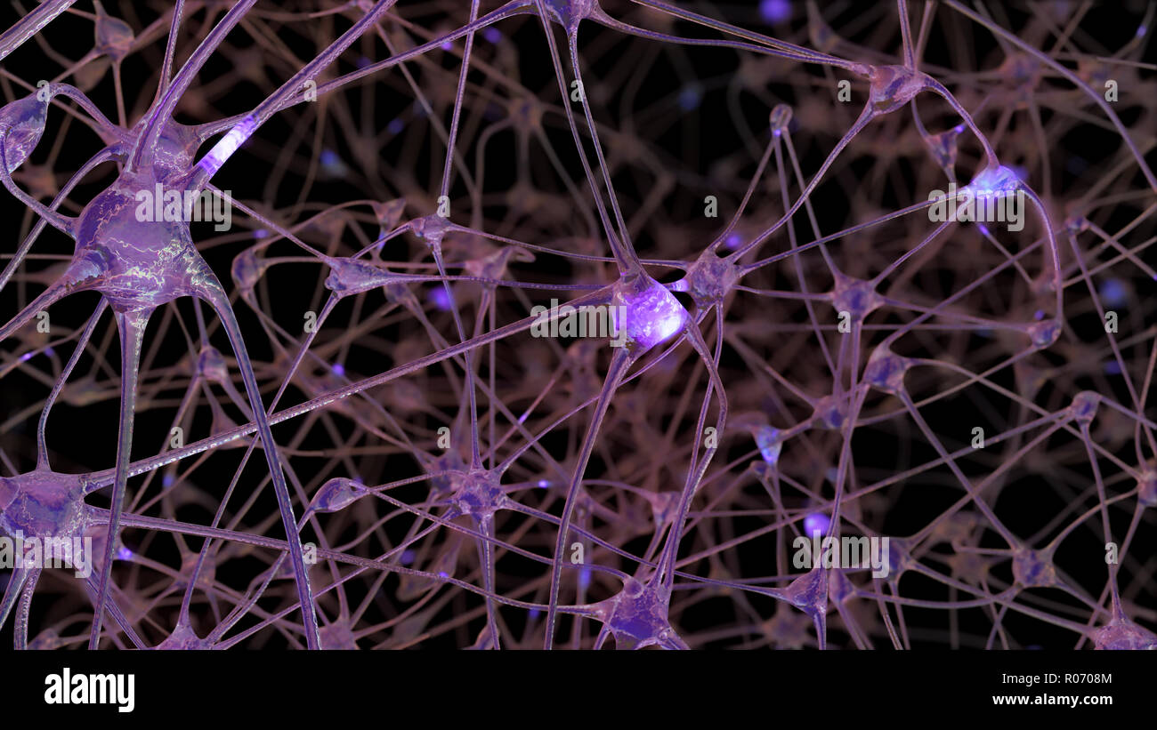 3D rendering of a network of neuron cells and synapses through which electrical impulses and ...
