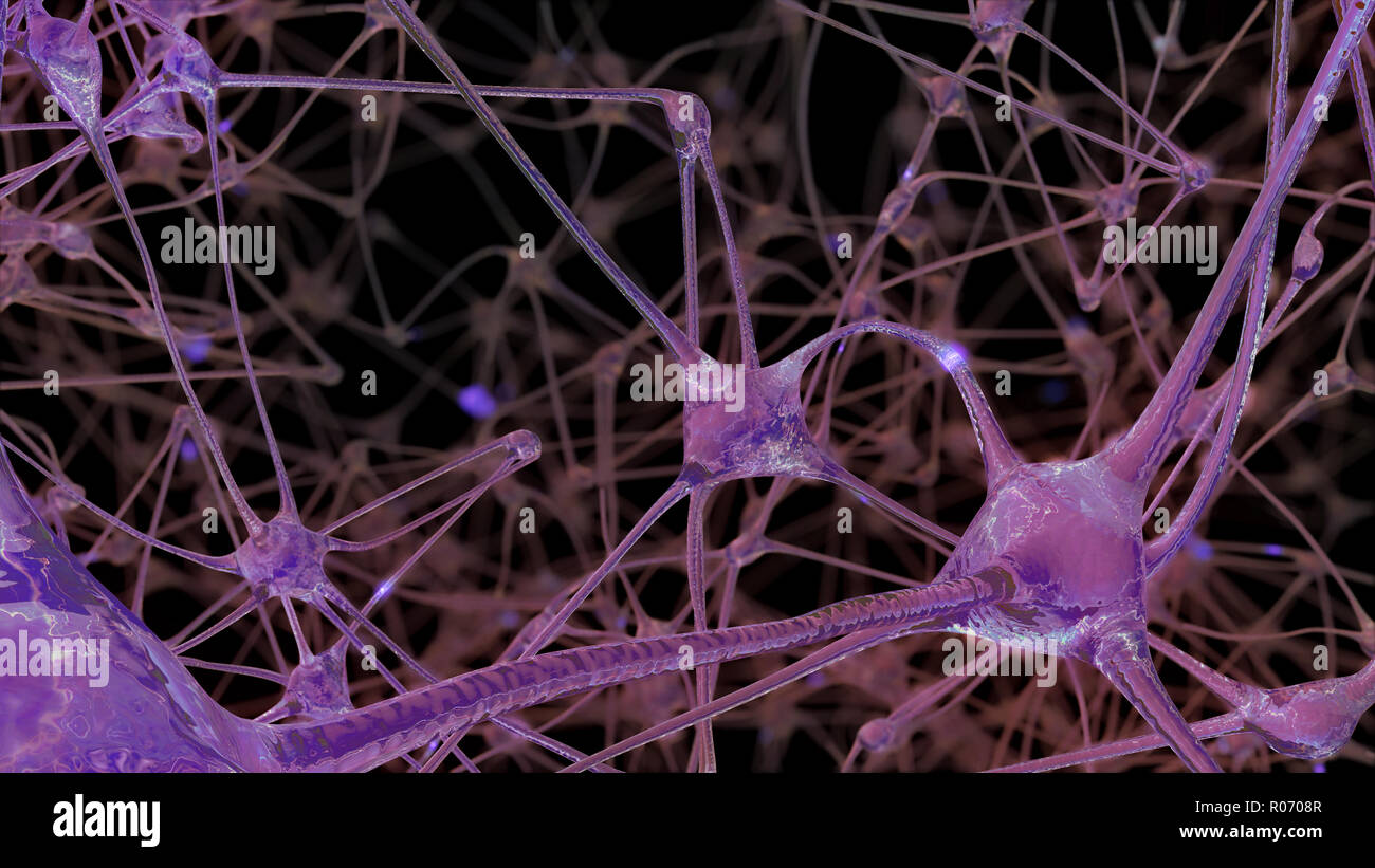 3D rendering of a network of neuron cells and synapses through which electrical impulses and ...