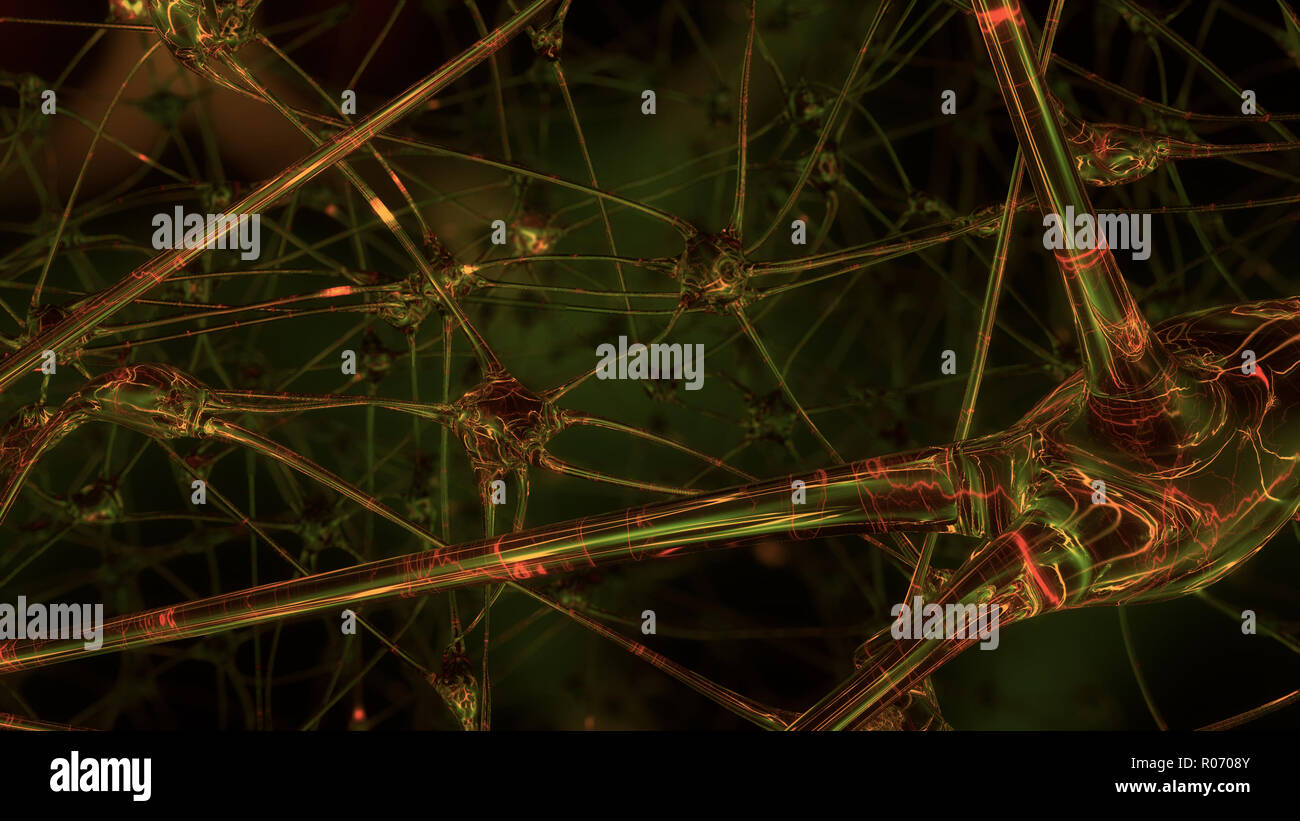 3D rendering of artificial intelligence. Networks of artificial nerve cells and synapses in the ...