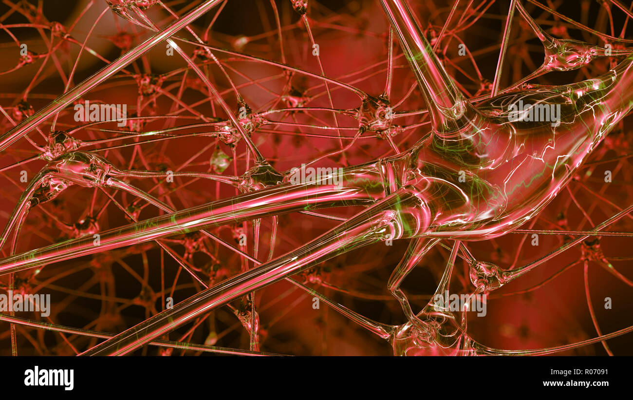 3D rendering of artificial intelligence. Networks of artificial nerve cells and synapses in the ...