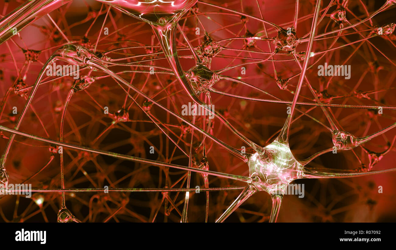 3D rendering of artificial intelligence. Networks of artificial nerve cells and synapses in the ...