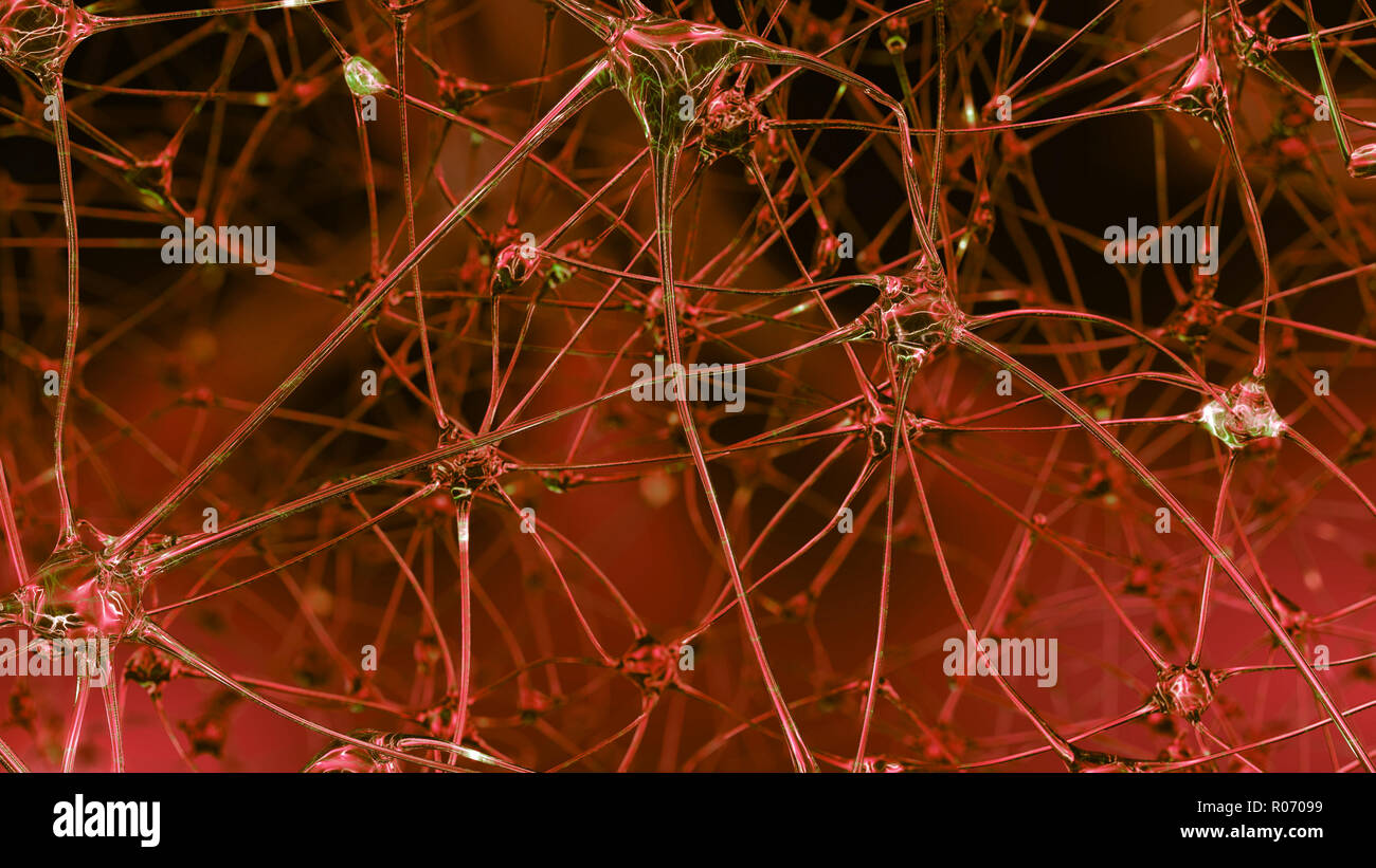 3D rendering of artificial intelligence. Networks of artificial nerve cells and synapses in the ...
