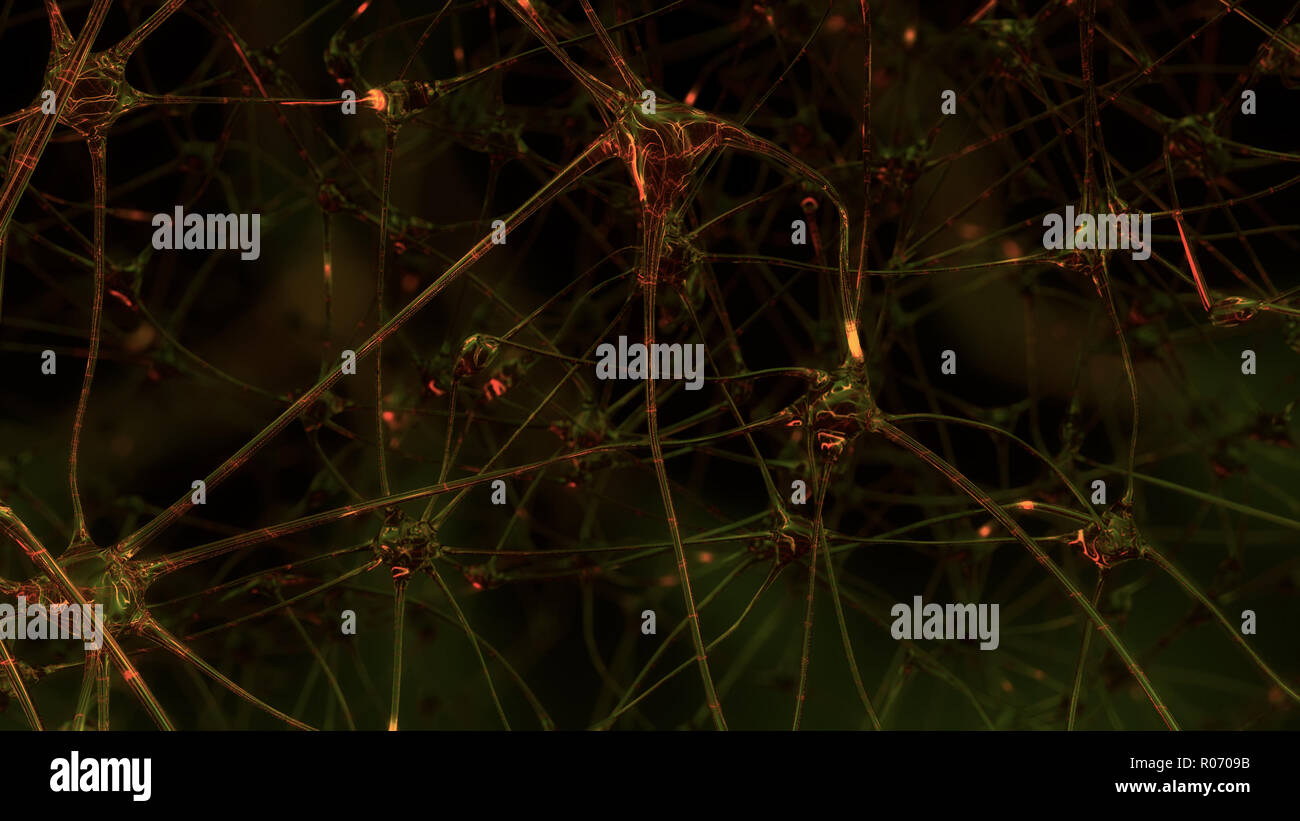 3D rendering of artificial intelligence. Networks of artificial nerve cells and synapses in the ...