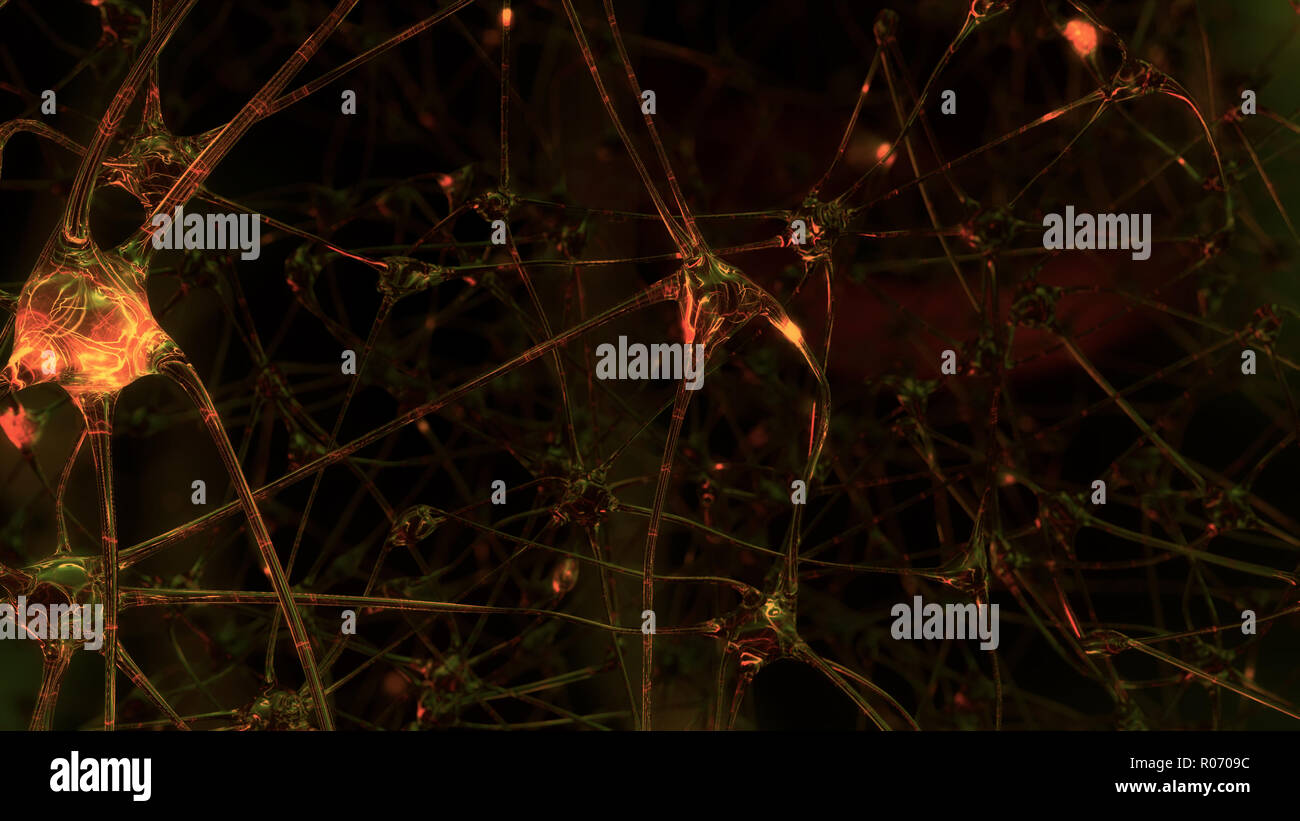 3D rendering of artificial intelligence. Networks of artificial nerve cells and synapses in the ...