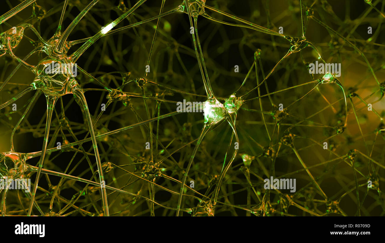 3D rendering of artificial intelligence. Networks of artificial nerve cells and synapses in the ...
