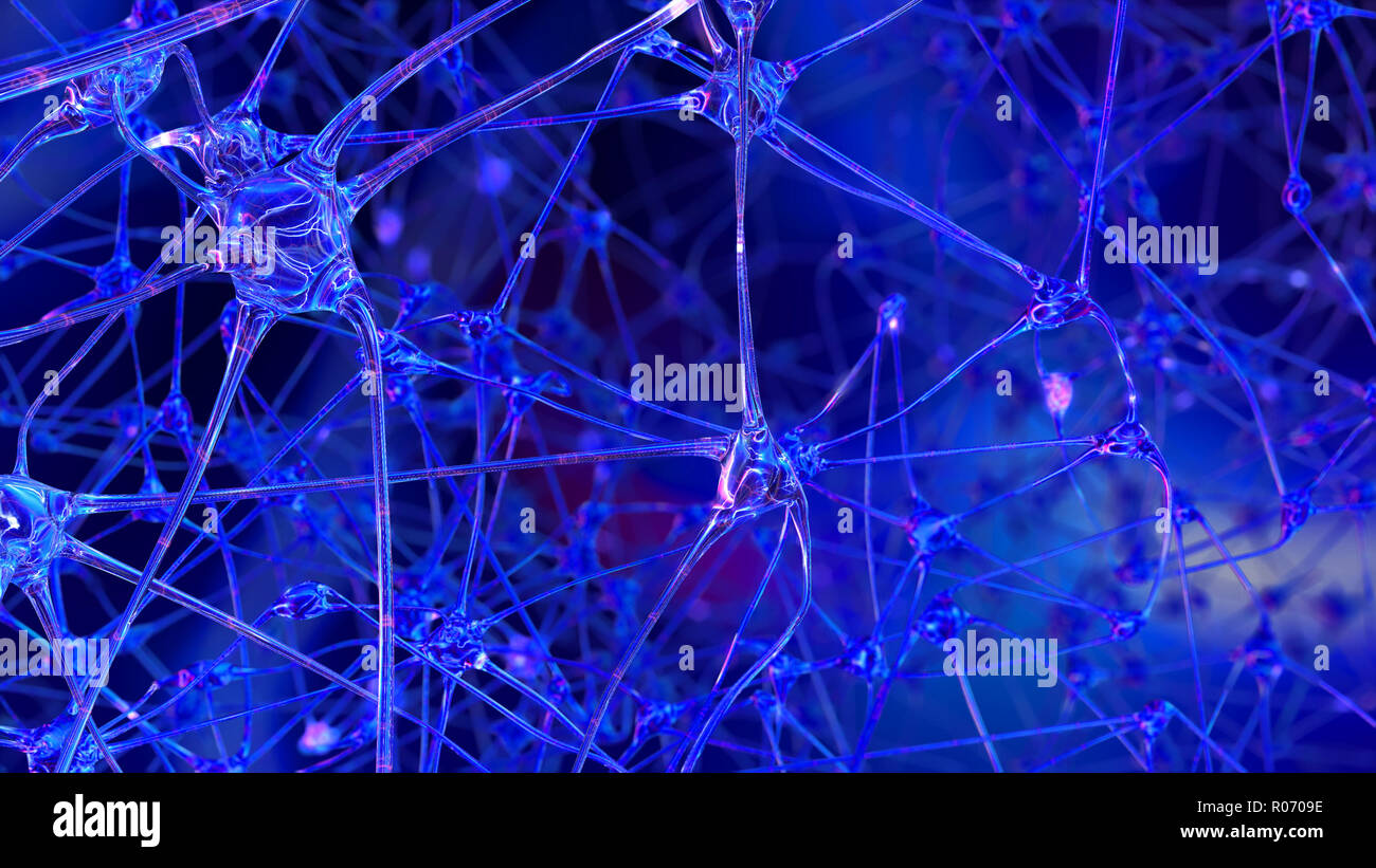 3D rendering of artificial intelligence. Networks of artificial nerve cells and synapses in the ...