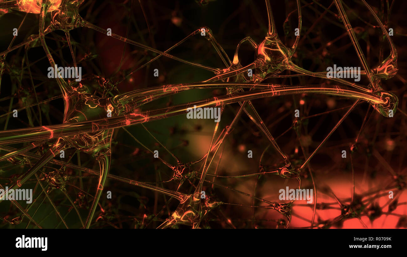 3D rendering of artificial intelligence. Networks of artificial nerve cells and synapses in the ...