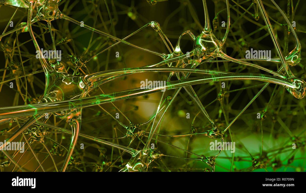 3D rendering of artificial intelligence. Networks of artificial nerve cells and synapses in the ...