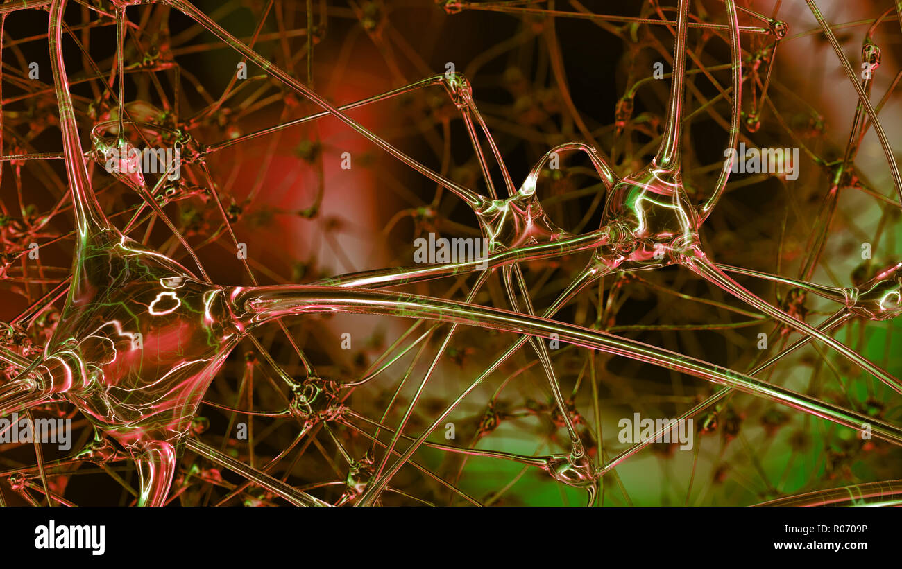 3D rendering of artificial intelligence. Networks of artificial nerve cells and synapses in the ...