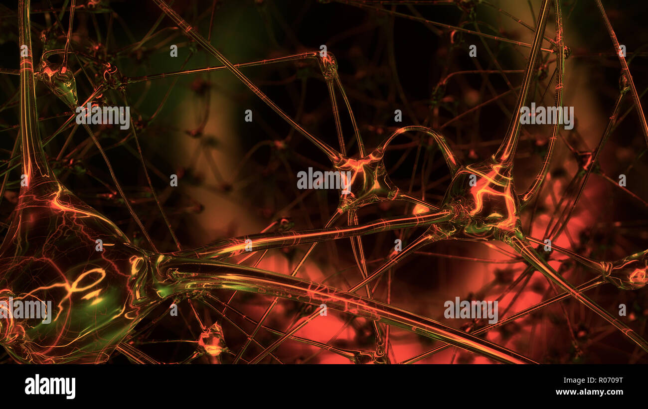 3D rendering of artificial intelligence. Networks of artificial nerve cells and synapses in the ...