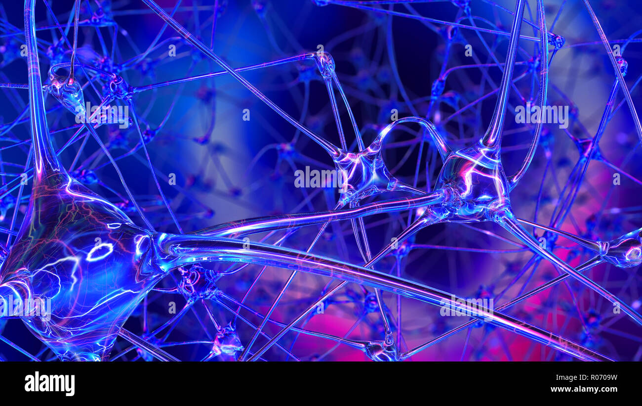3D rendering of artificial intelligence. Networks of artificial nerve cells and synapses in the ...