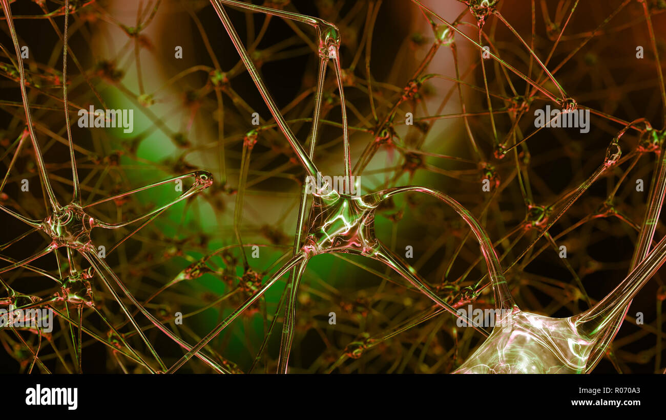 3D rendering of artificial intelligence. Networks of artificial nerve cells and synapses in the ...
