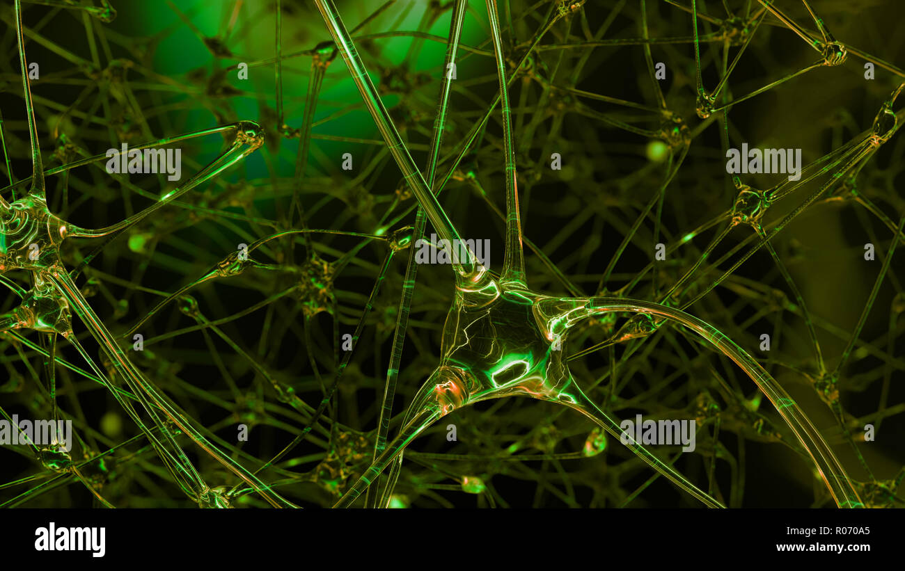 3D rendering of artificial intelligence. Networks of artificial nerve cells and synapses in the ...