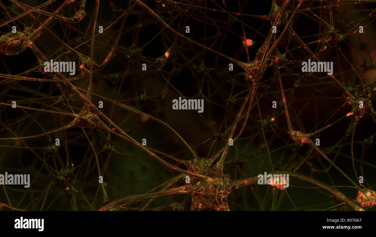 3D rendering of artificial intelligence. Networks of artificial nerve cells and synapses in the ...