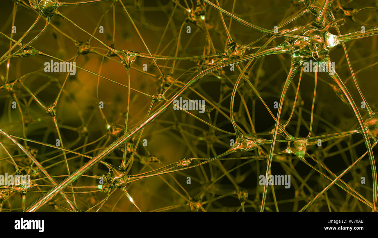 3D rendering of artificial intelligence. Networks of artificial nerve cells and synapses in the ...