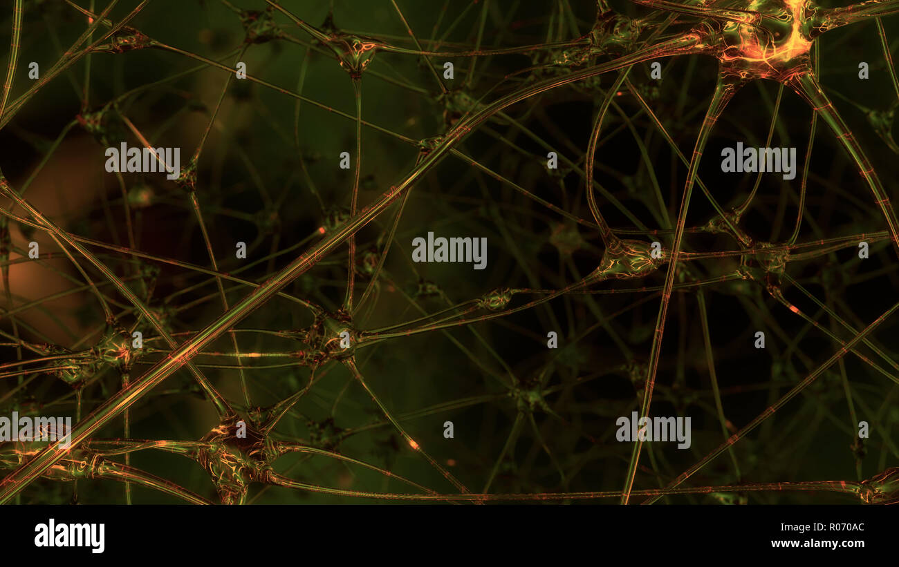 3D rendering of artificial intelligence. Networks of artificial nerve cells and synapses in the ...
