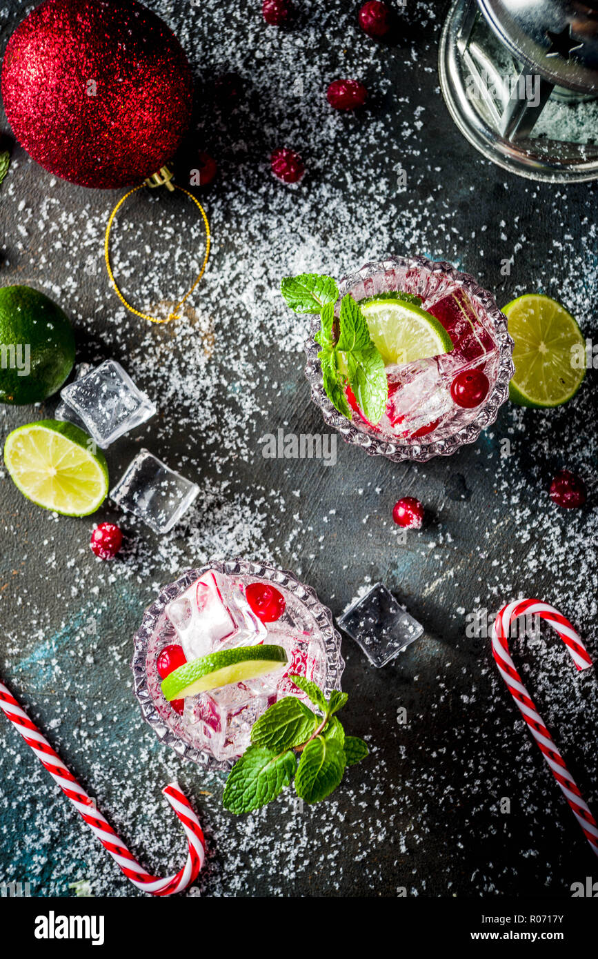 Christmas cold drink, Cranberry Mojito cocktail with xmas decoration ...