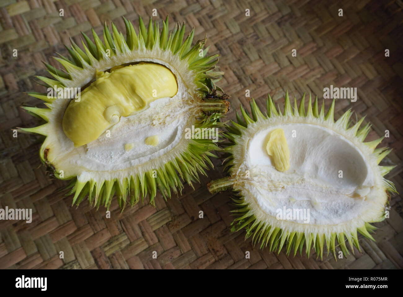 Green Durian called Sukang in tight composition with woven bamboo mate ...