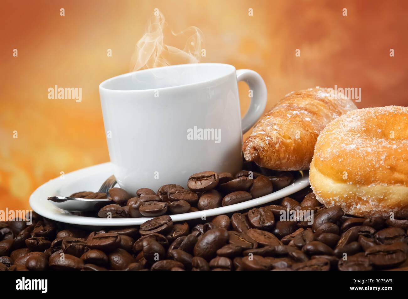 Breakfast with hot espresso coffee Stock Photo - Alamy