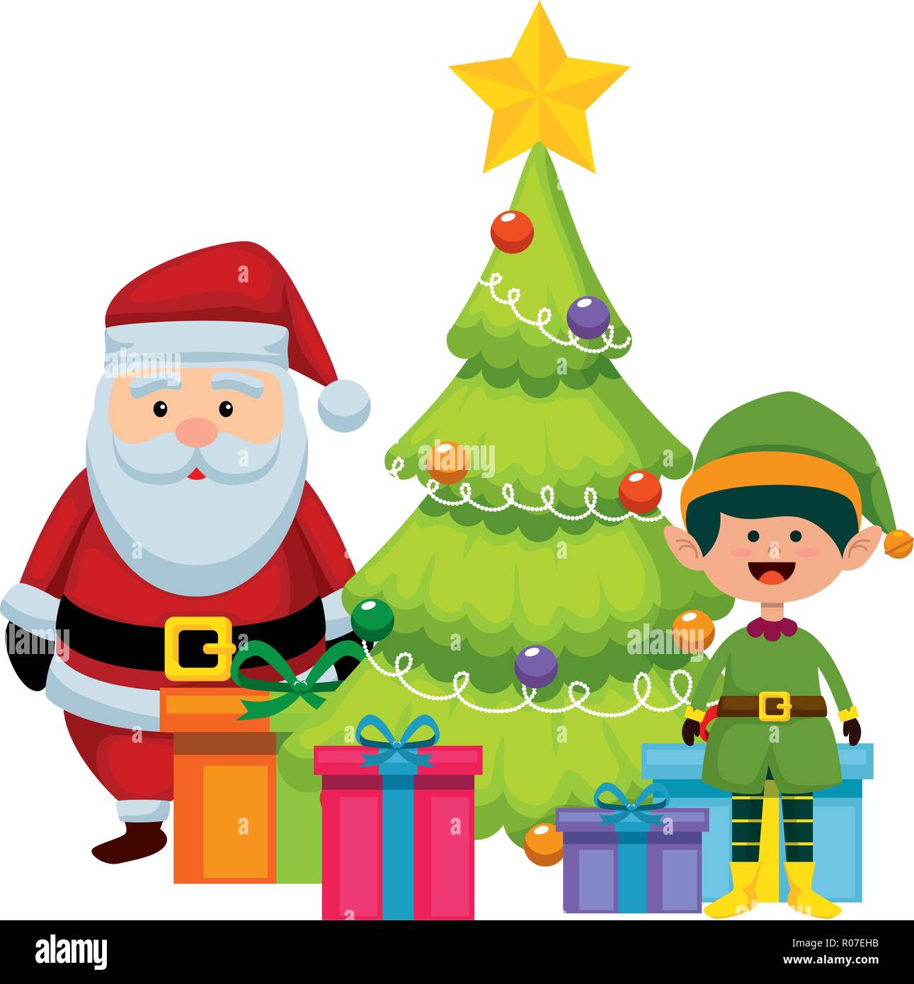 christmas santa claus with tree and elf vector illustration design ...