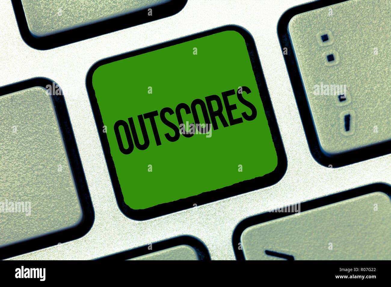 Text sign showing Outscores. Conceptual photo Score more point than ...