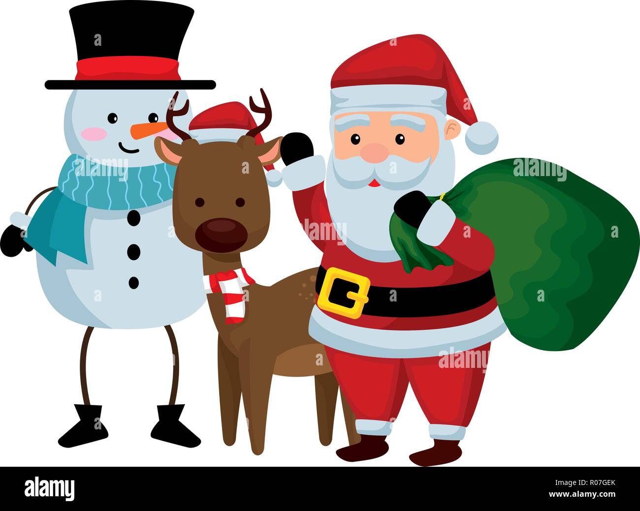 christmas santa claus with reindeer and snowman vector illustration ...