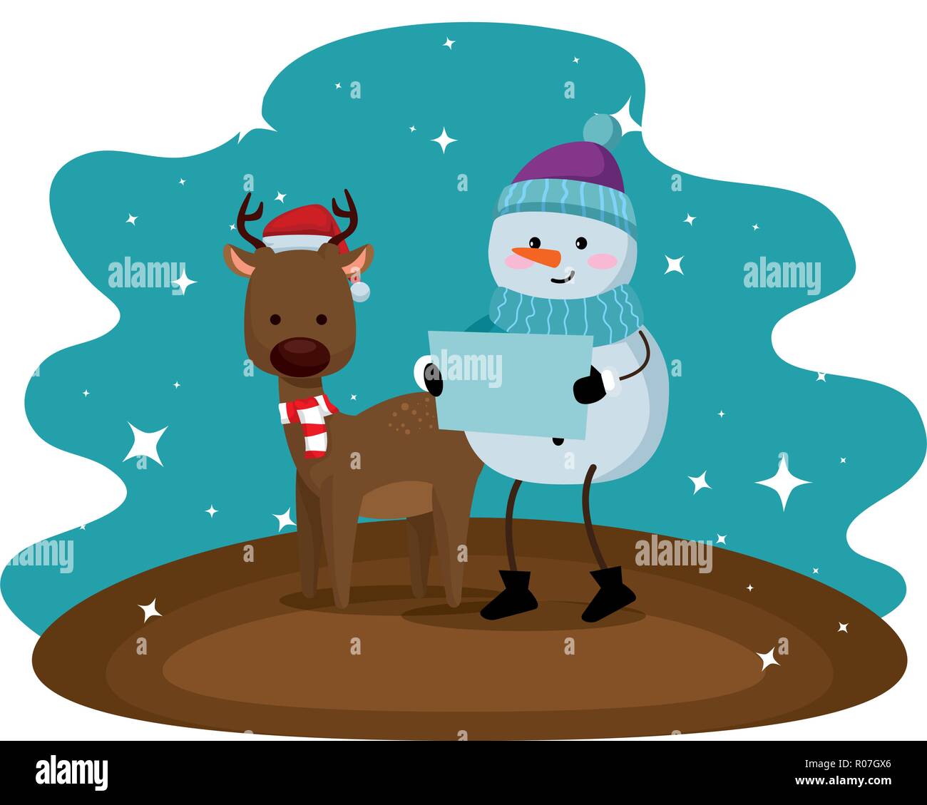 cute reindeer with snowman christmas characters vector illustration ...