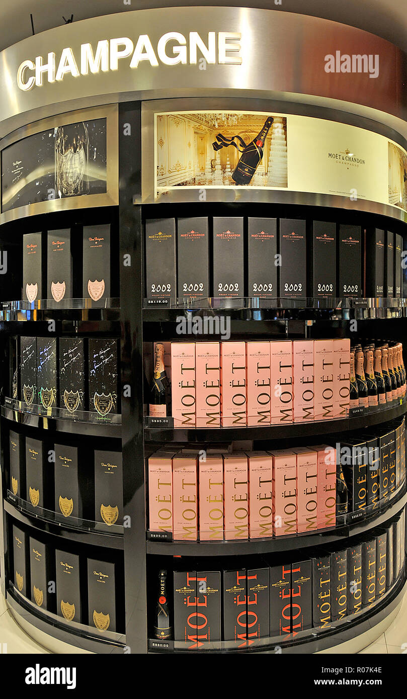 champagne display in duty free shop of Changi international airport ...