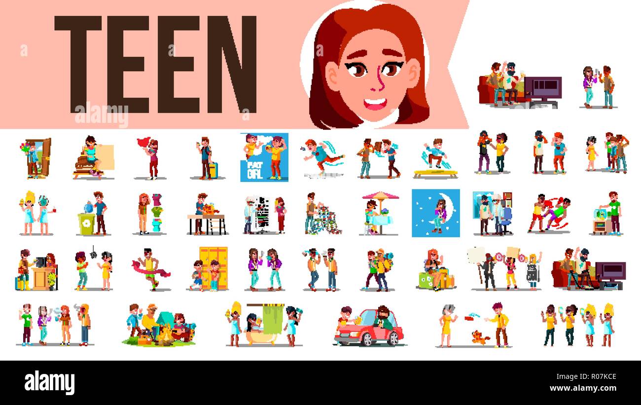 Teen Set Vector. Teenager Spending Time Together At Home, Outdoor. Girl ...