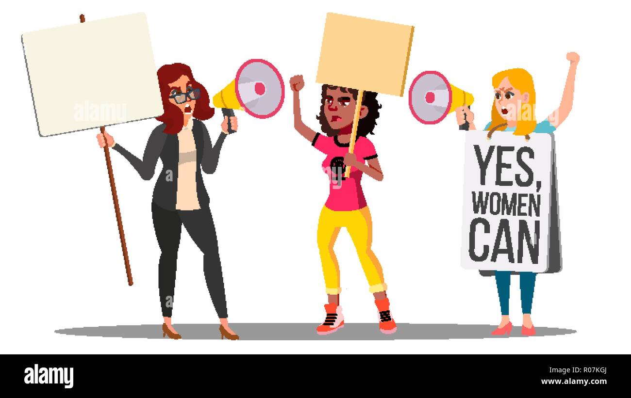 Feminist Girls At Protest Action For Women s Rights Vector. Isolated ...