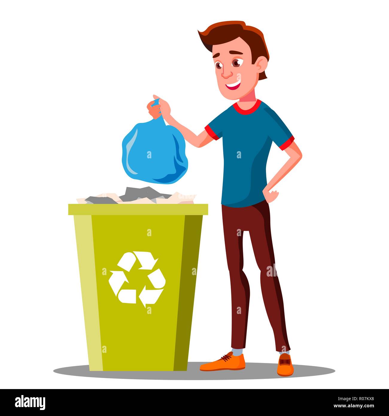 Young Guy Throwing Trash Bags Into Container Vector. Isolated ...