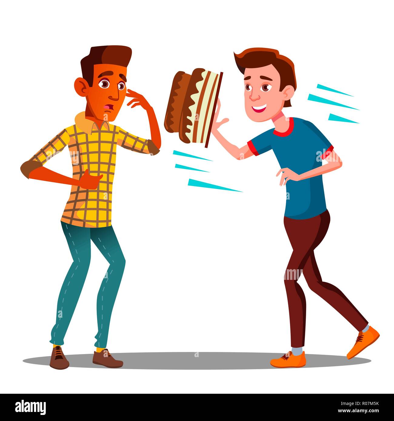 Young Guy Throwing A Cake In The Face Of A Friend For Joke Vector ...