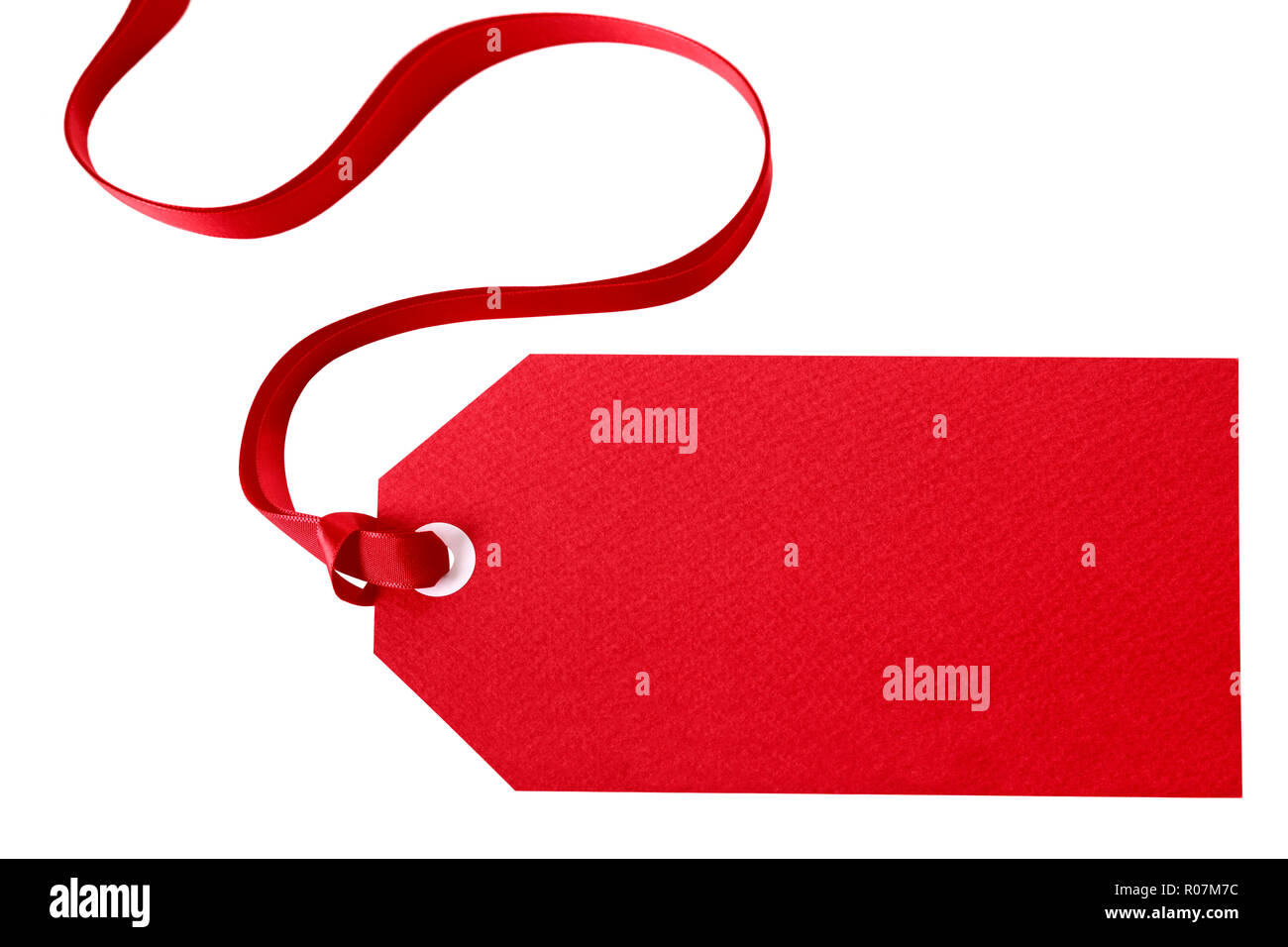 Red gift tag with ribbon isolated on white Stock Photo - Alamy