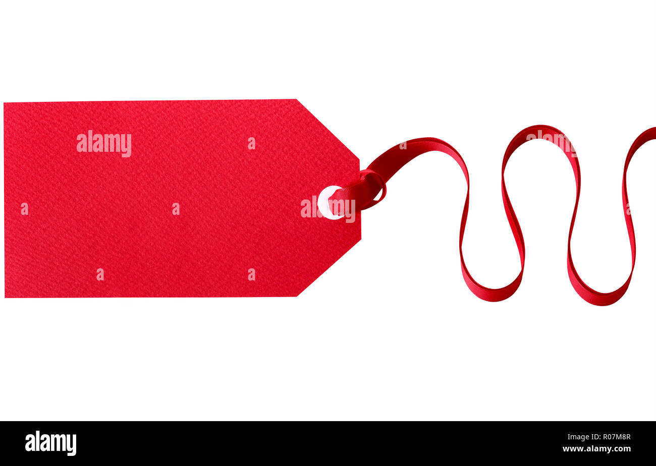 Red gift tag with ribbon isolated on white Stock Photo - Alamy