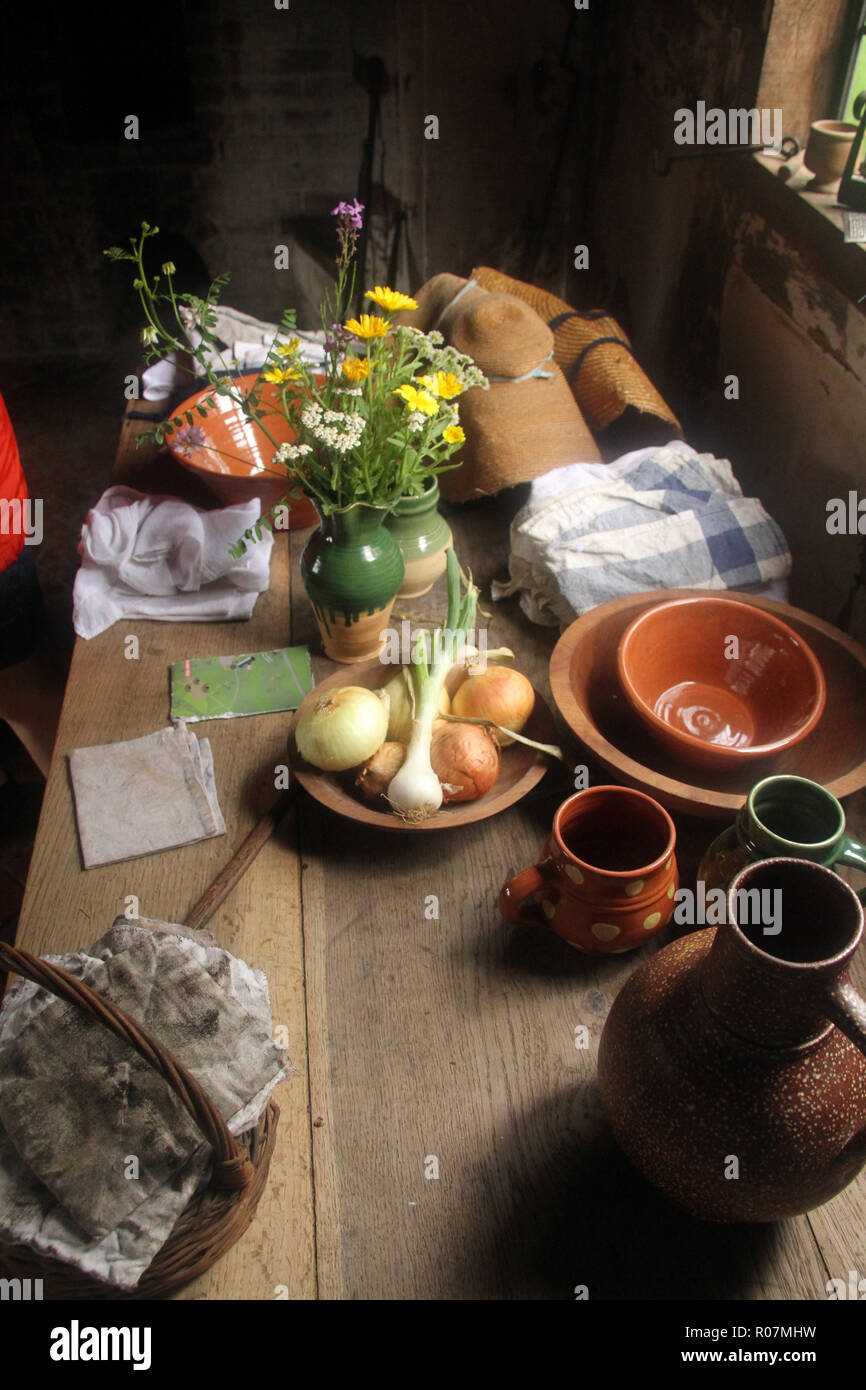 Kitchen table by the window in the 1700s. Exhibit at the Frontier ...