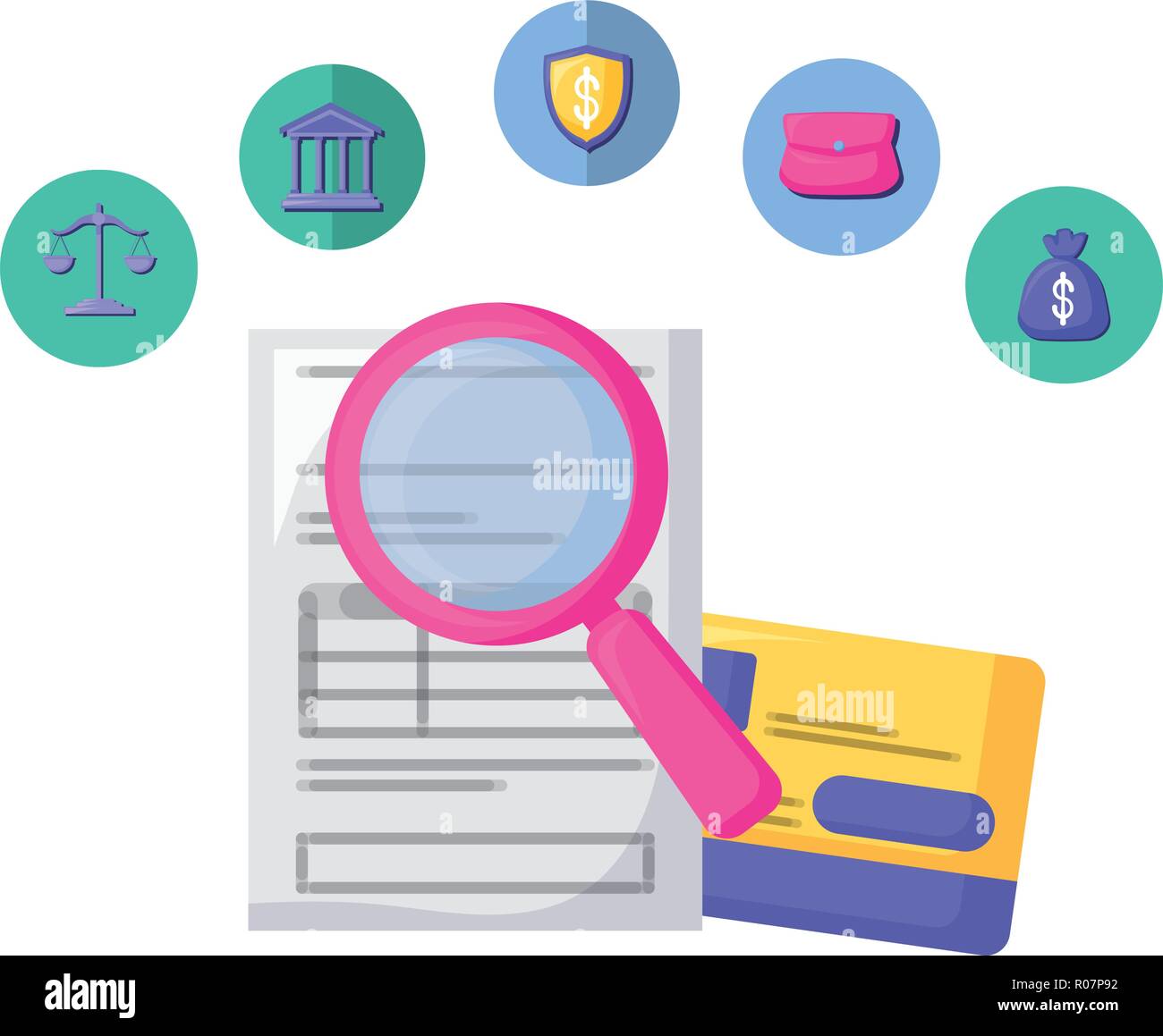 magnifying glass with invoice and credit card over white background ...