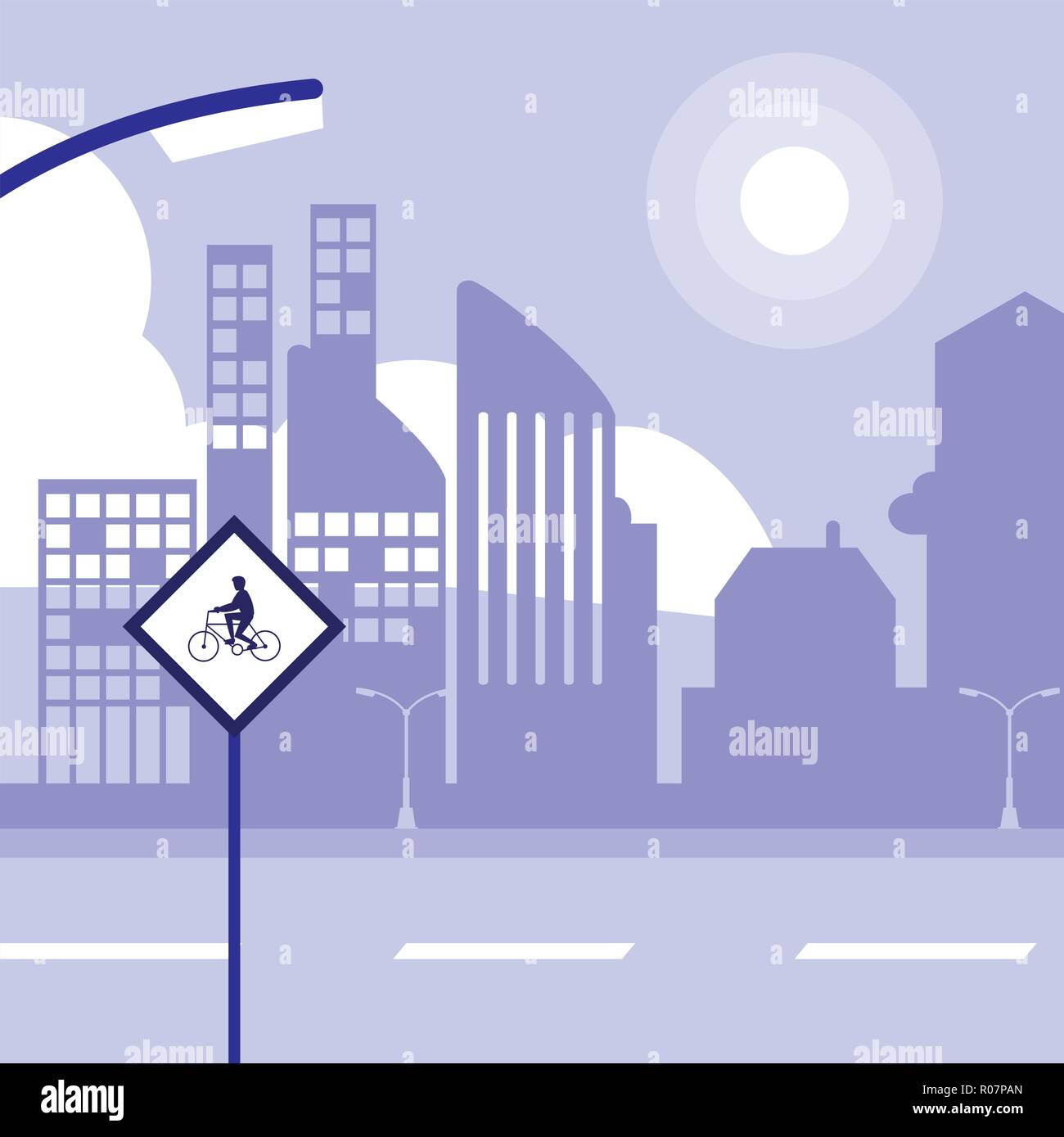 city landscape with city buildings and road sign, colorful design ...