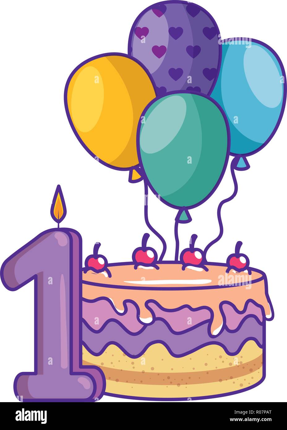 Cake With Candle Number One And Balloons Helium Stock Vector Image