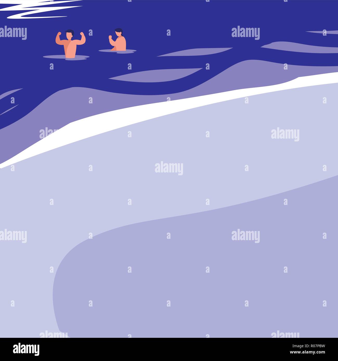 beach with people swimming in the sea, colorful design. vector ...