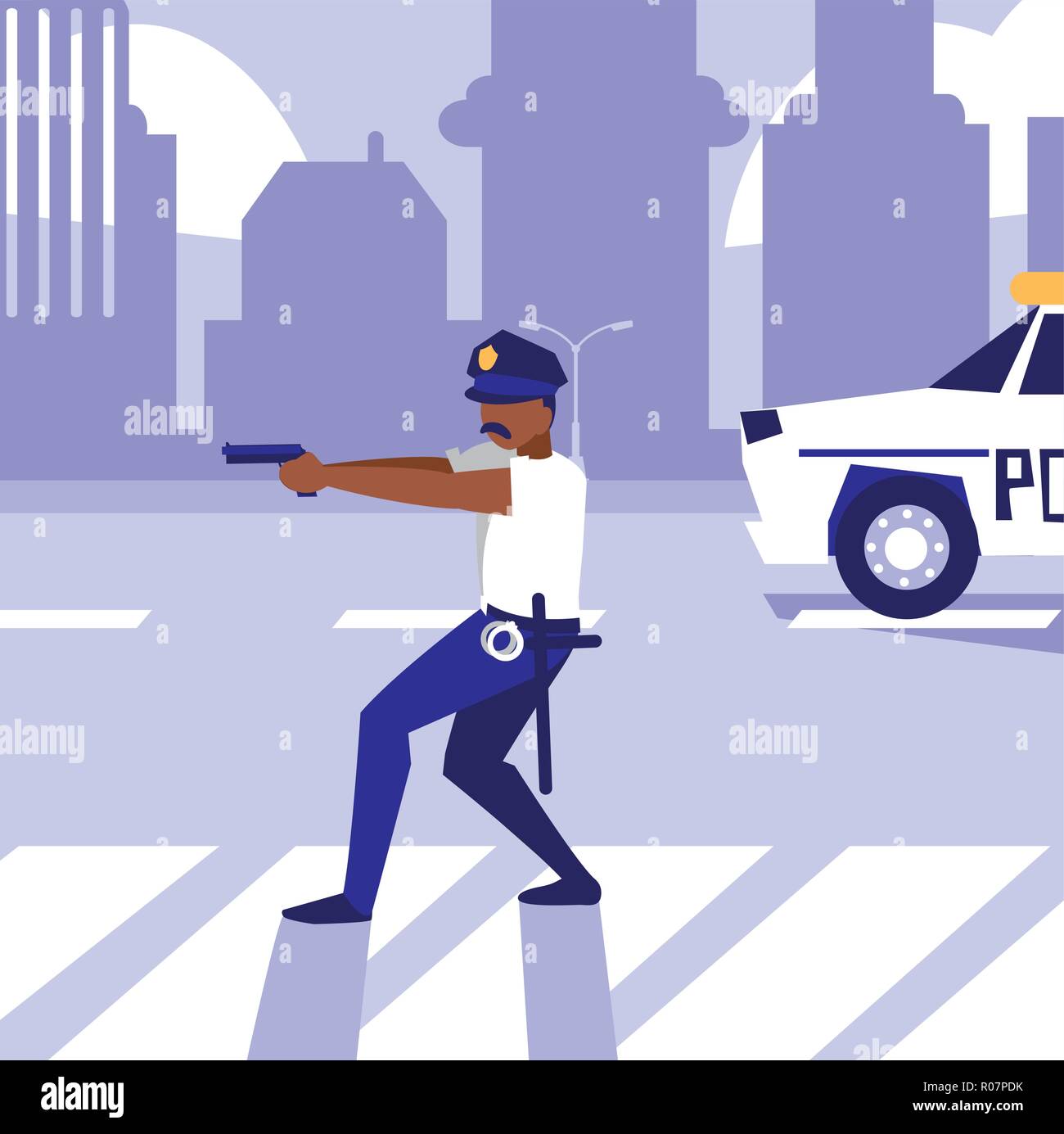 police officer aims with a gun and police car, colorful design. vector ...