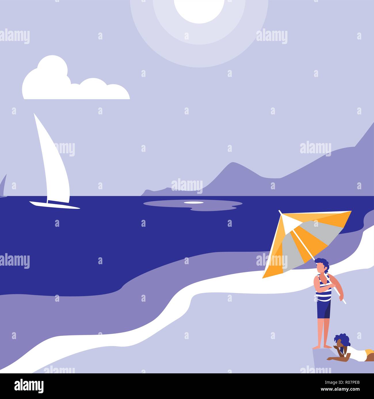 beach with man holding a parasol, colorful design. vector illustration ...