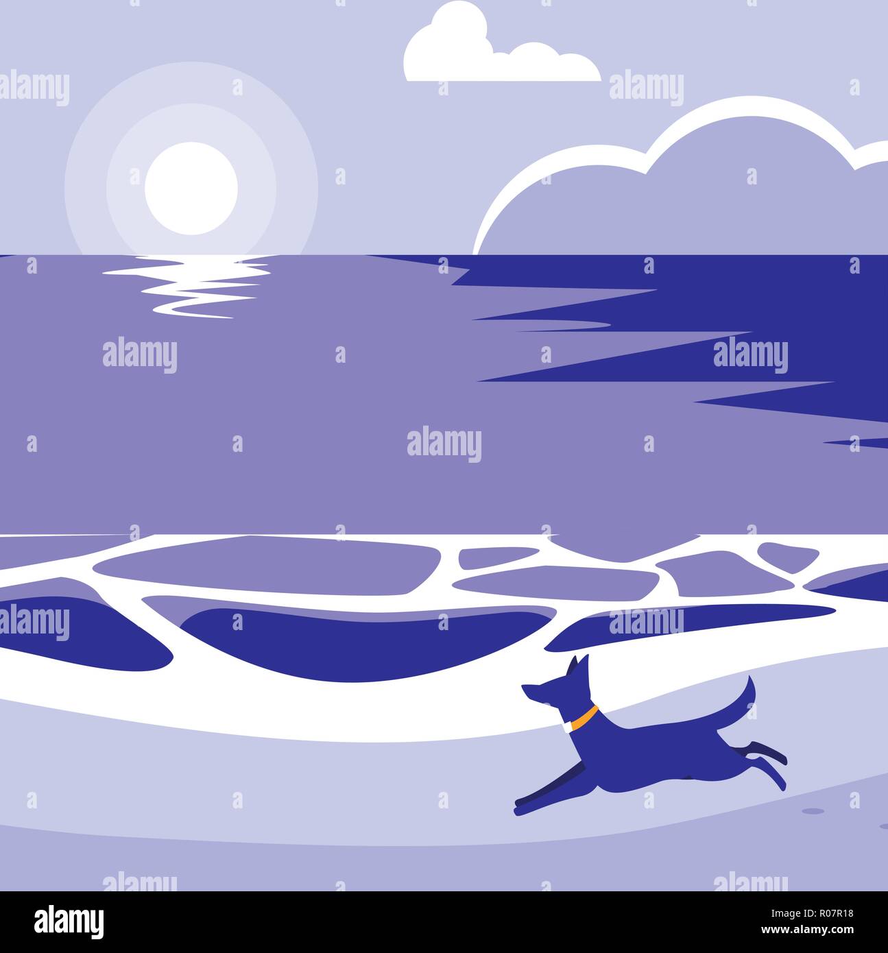 beach with dog running, colorful design. vector illustration Stock ...