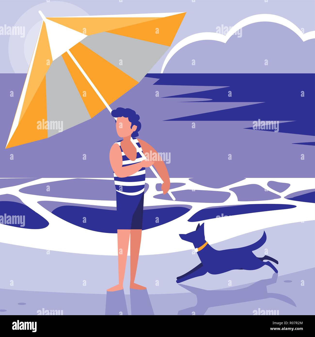 beach with man holding a parasol, colorful design. vector illustration ...