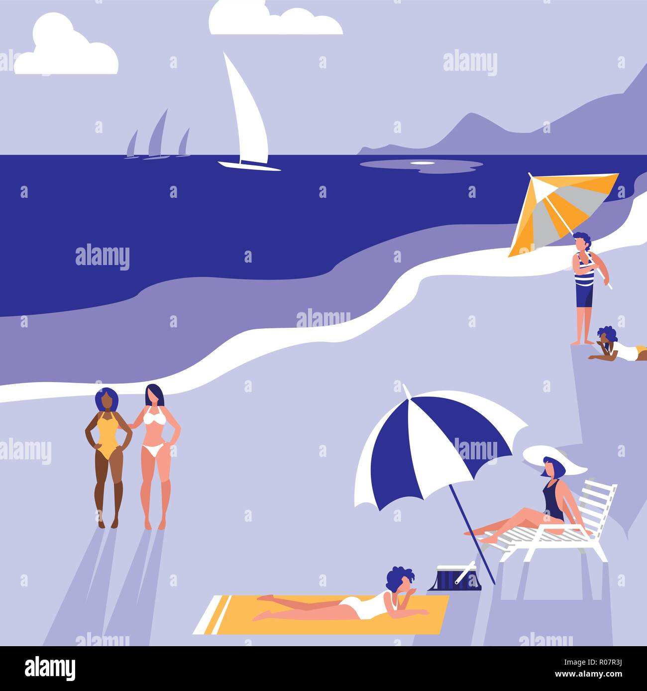 beach with relaxed people, colorful design. vector illustration Stock ...