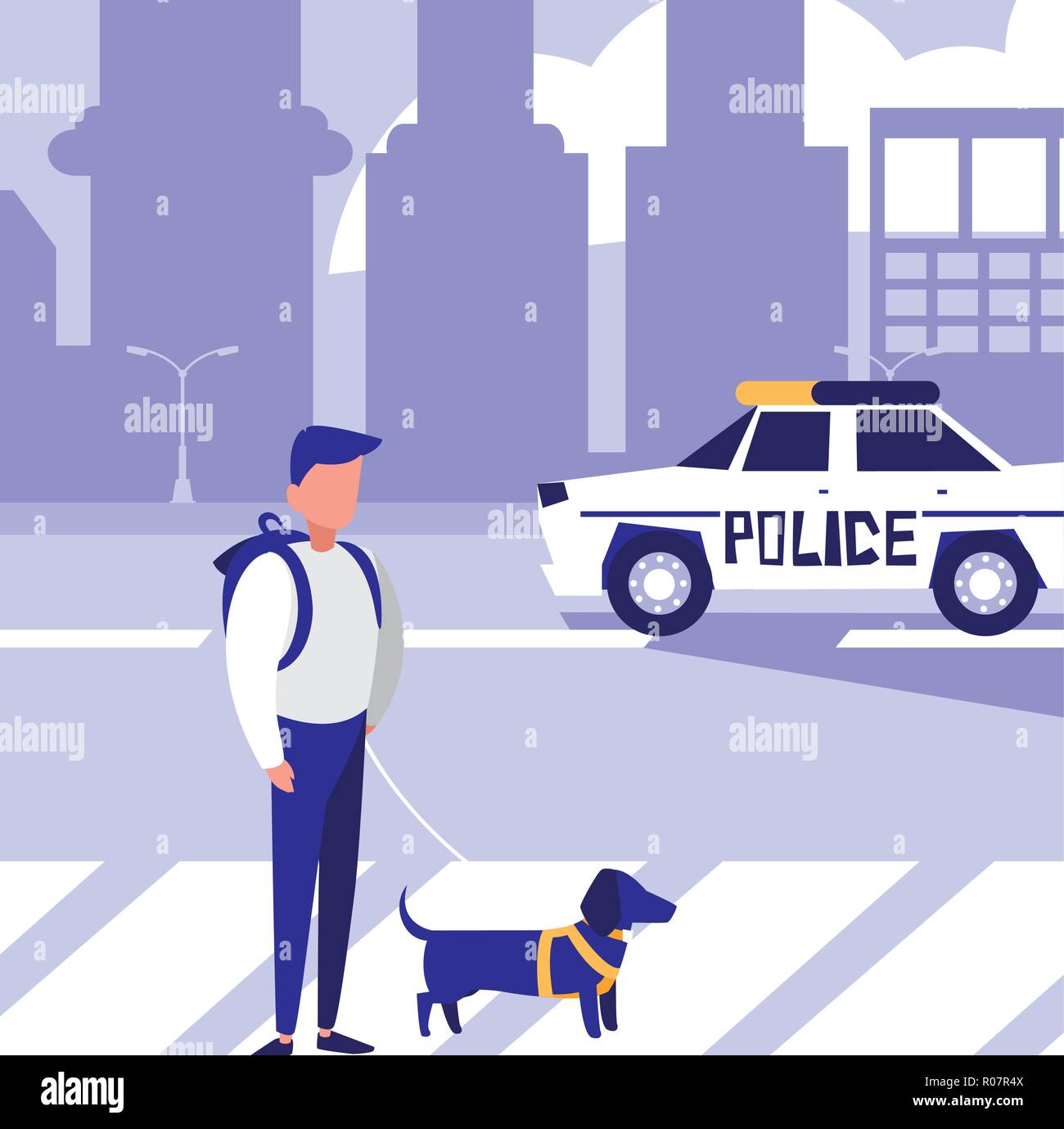 city street with police car and man walking a dog, colorful design ...