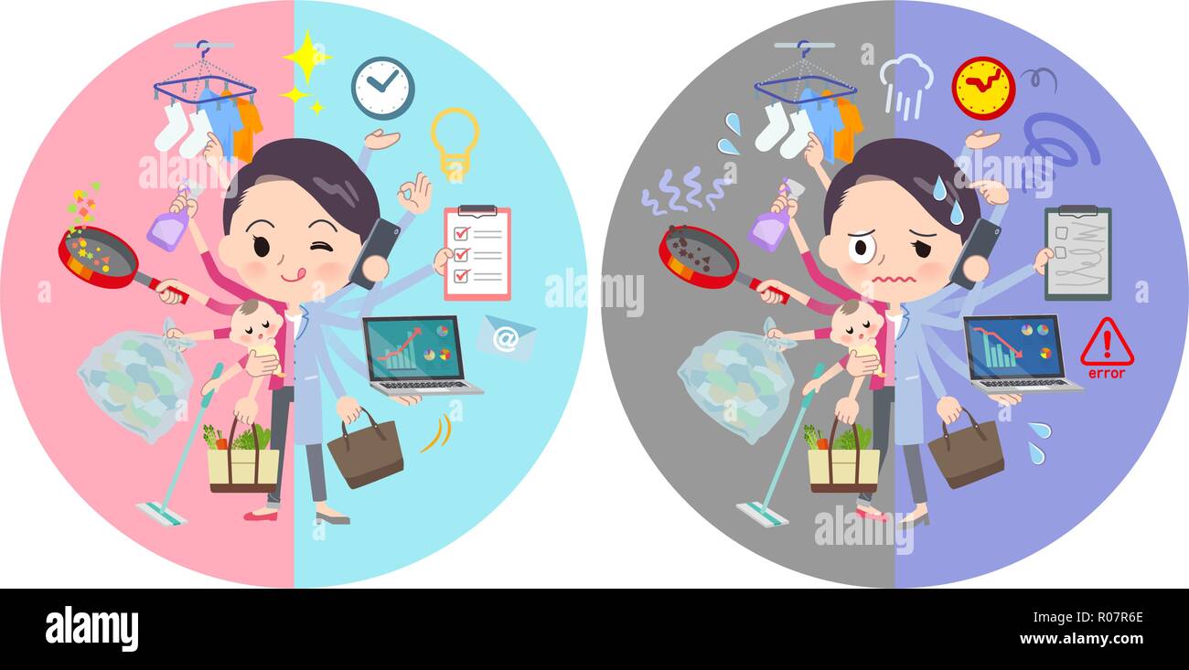 A set of scientist women who perform multitasking in offices and ...