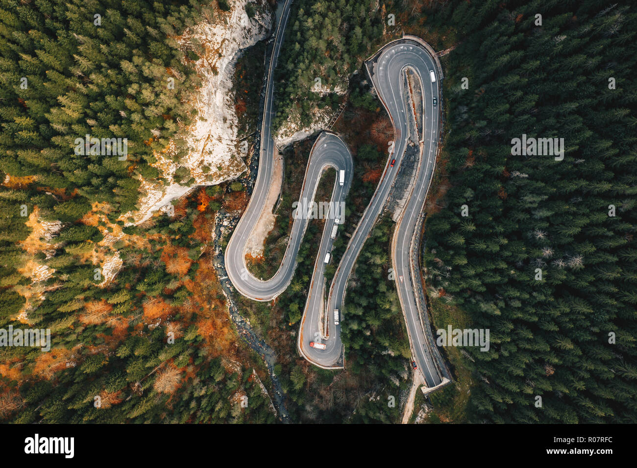 Top-down view of an extreme curved winding road in the middle of a ...